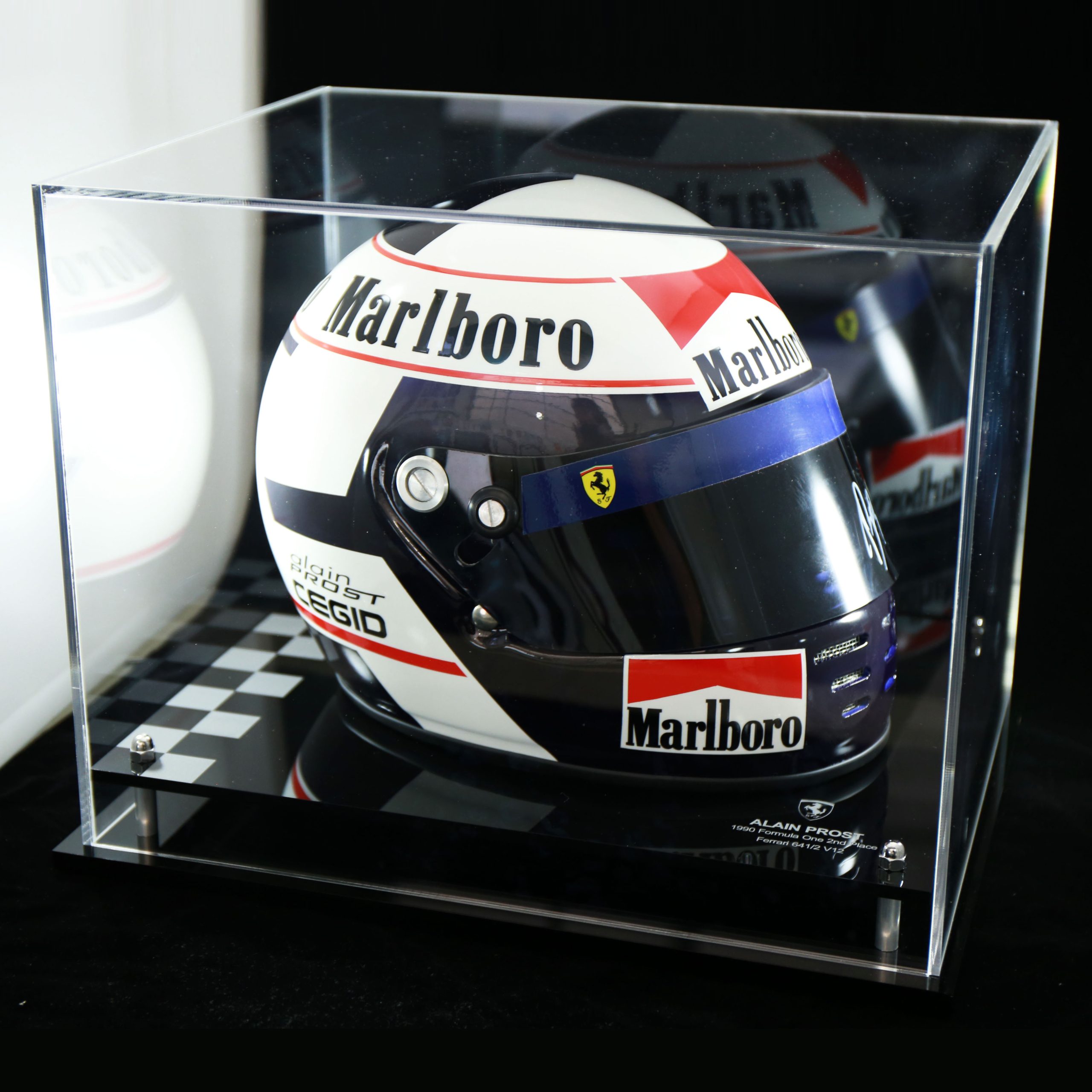 F1 Signed Alain Prost Ferrari Helmet Acrylic Display Case F1 Signed Alain Prost Ferrari Helmet Acrylic Display Case
